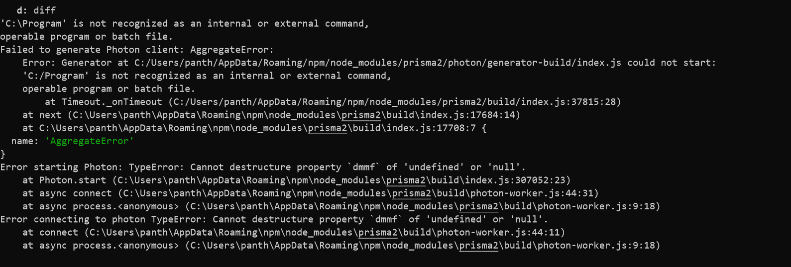 Prisma2 dev 'cannot destructure property "dmmf"' · Issue #999 · prisma/prisma · GitHub