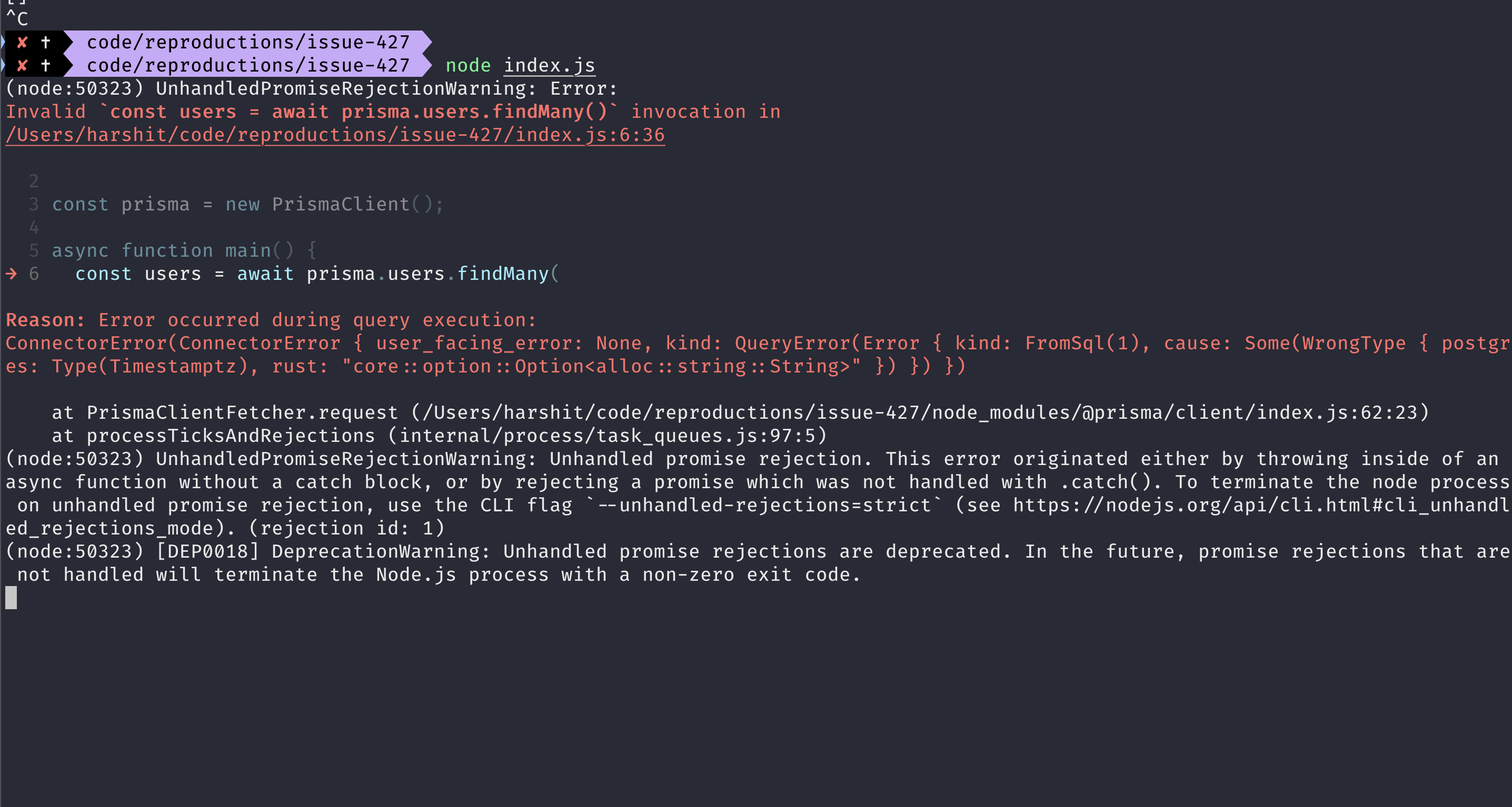 Prisma Client crashes when querying field of type `TIMESTAMP WITH TIME ZONE` in PostgreSQL ...