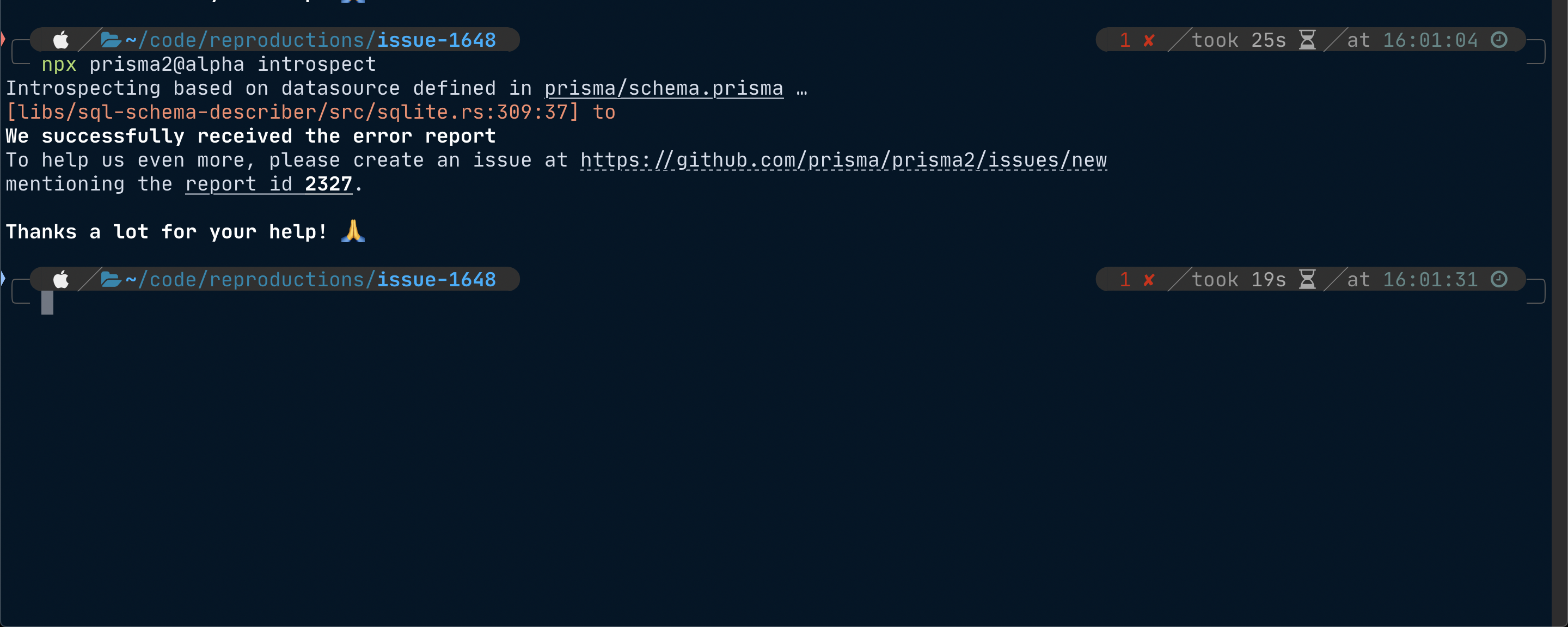 introspect: Unhandled promise and duplicated output on Error · Issue #1923 · prisma/prisma · GitHub