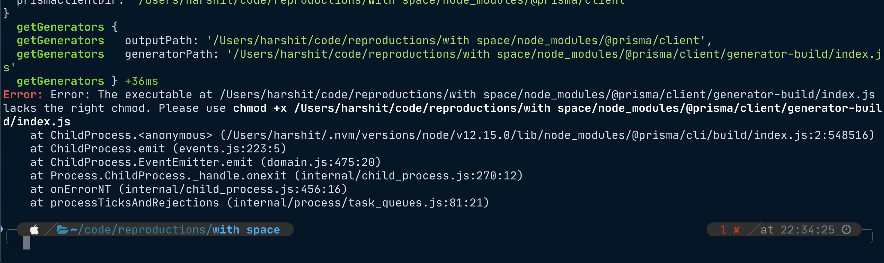 `generate` does not work in folders with spaces · Issue #1973 · prisma/prisma · GitHub