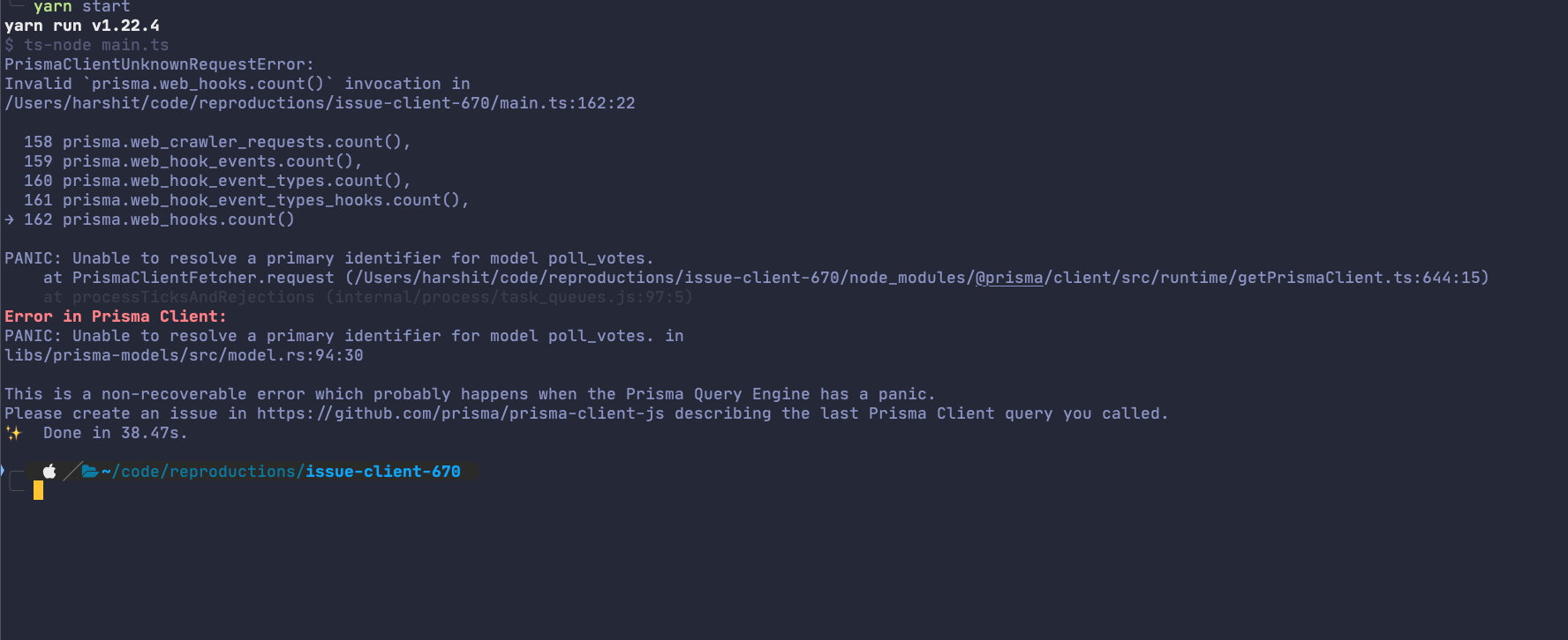 Multiple quick `count` requests result in `Invalid prisma.web_hooks.count invocation` · Issue ...