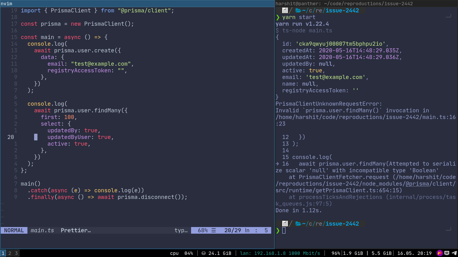 `findMany` with a `select` argument errors out with models with self-relations (sometimes ...