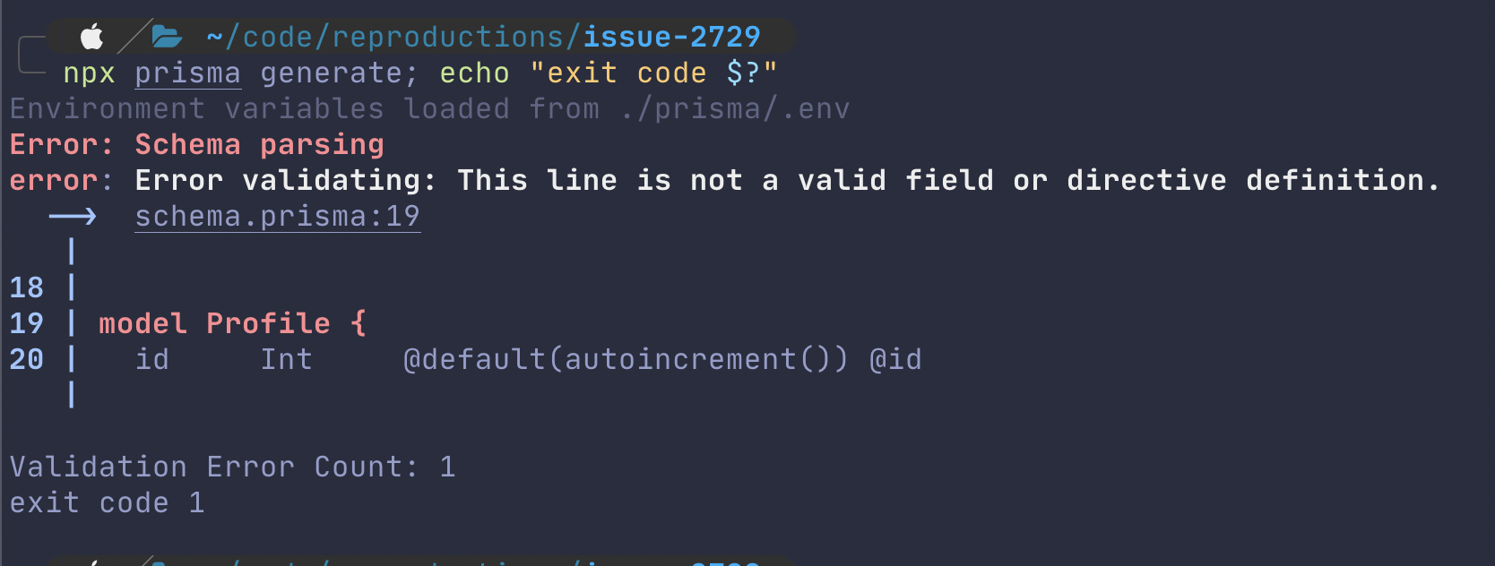 `prisma generate` throws exit code 0 in case of error caused by denied keywords · Issue #2729 ...