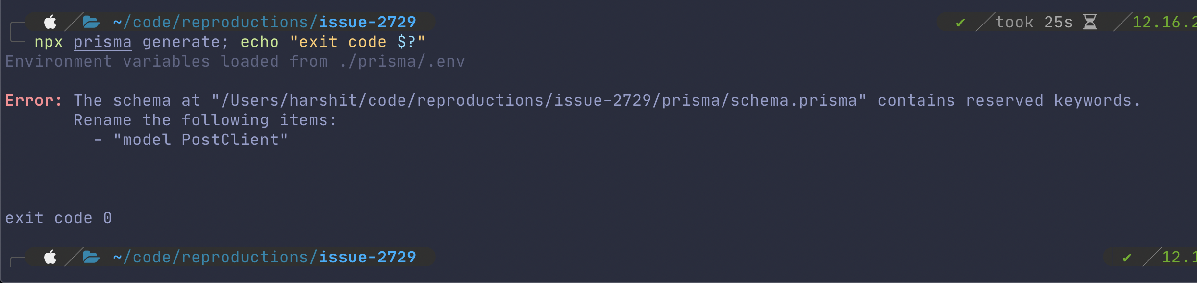 `prisma generate` throws exit code 0 in case of error caused by denied keywords · Issue #2729 ...