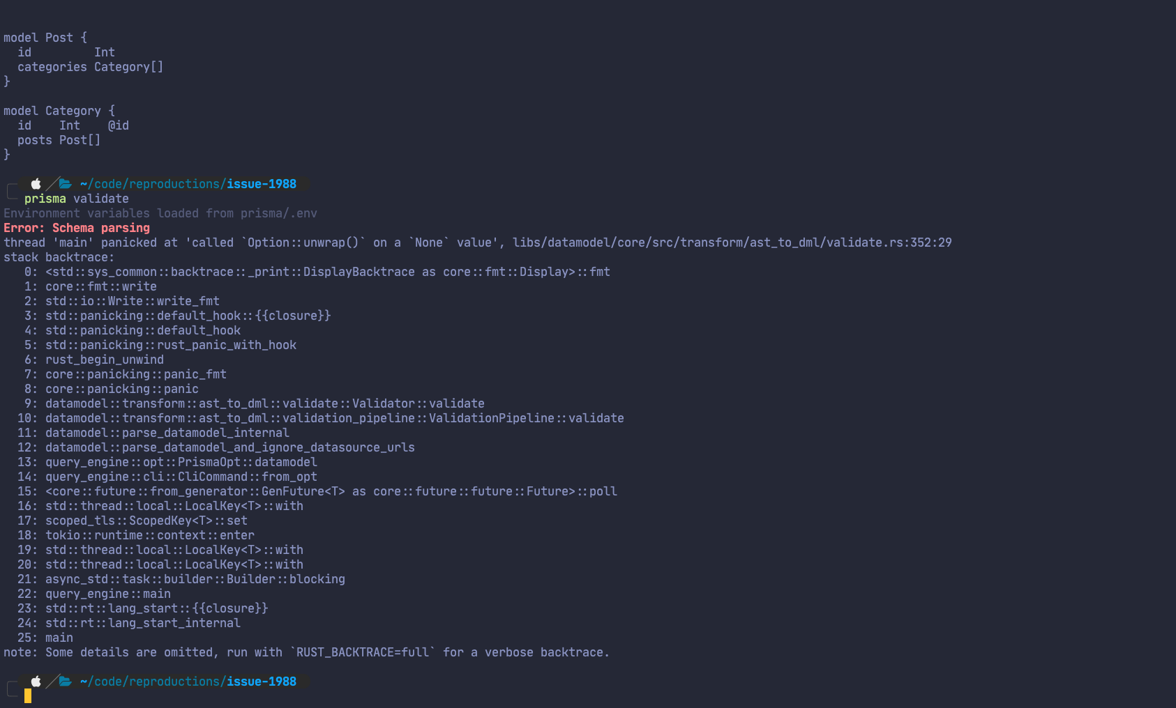 thread 'main' panicked at 'called `Option::unwrap()` on a `None` value', libs/datamodel/core/src ...