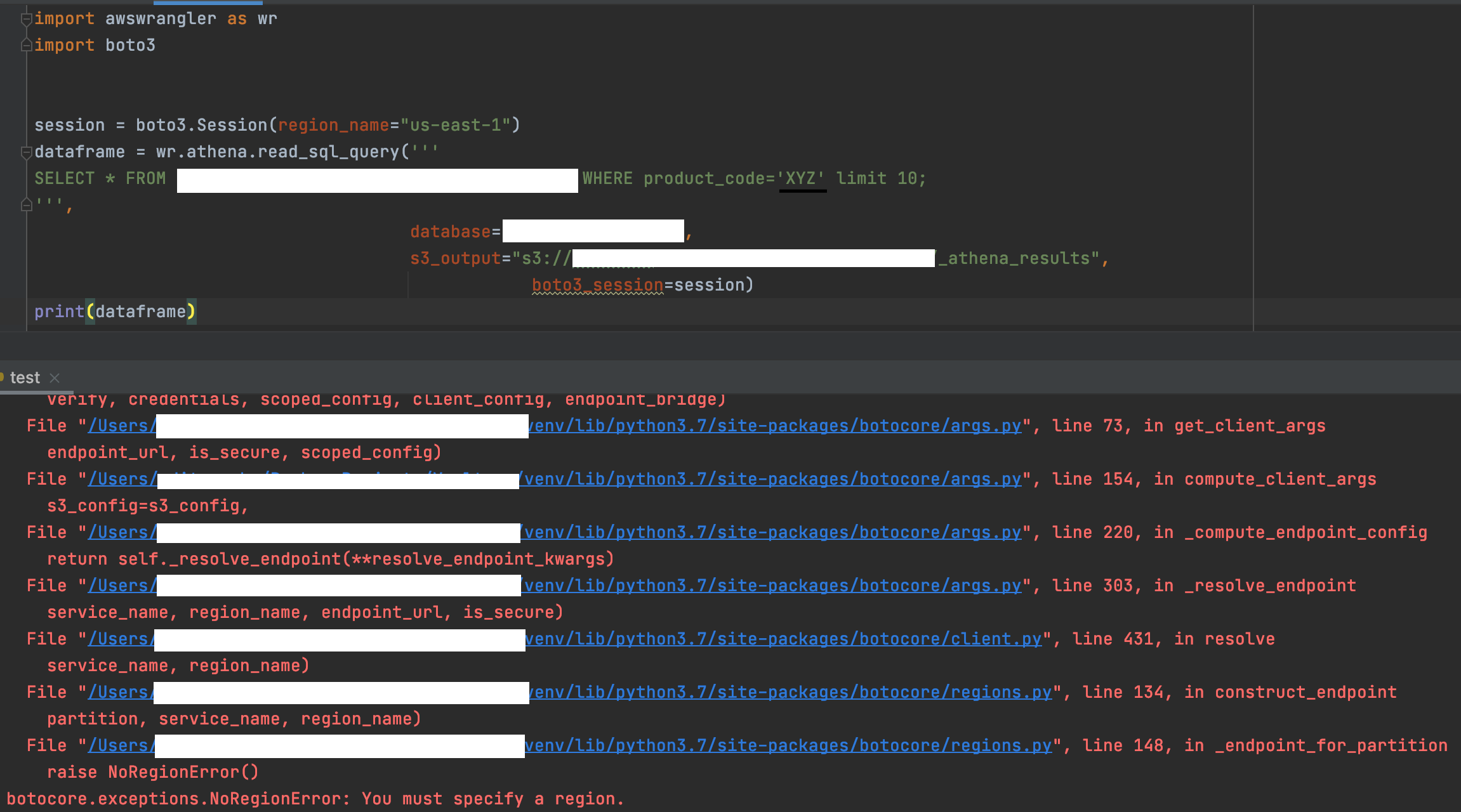 NoRegionError; For queries that return 0 result · Issue #840 · aws/aws-sdk-pandas · GitHub
