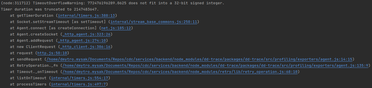 Logs crowded with TimeoutOverflowWarning messages · Issue #1685 · DataDog/dd-trace-js · GitHub