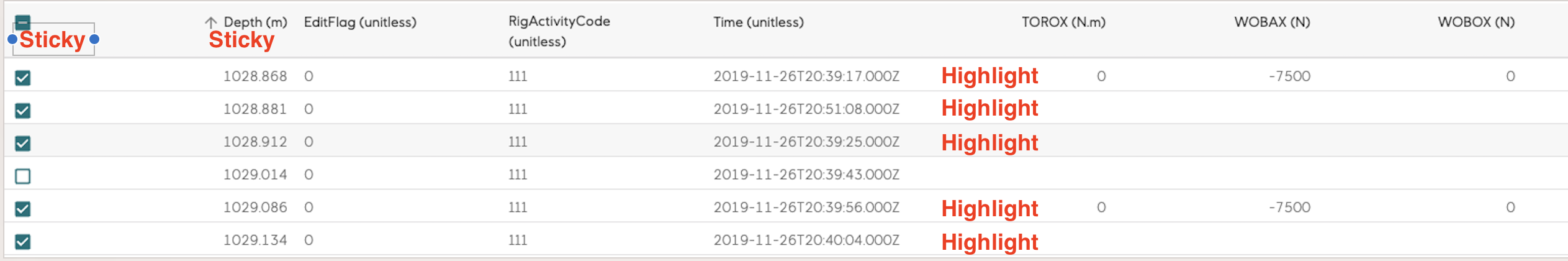 2) Improved table view - Sticky column and highlight of selected row. · Issue #1805 · equinor ...