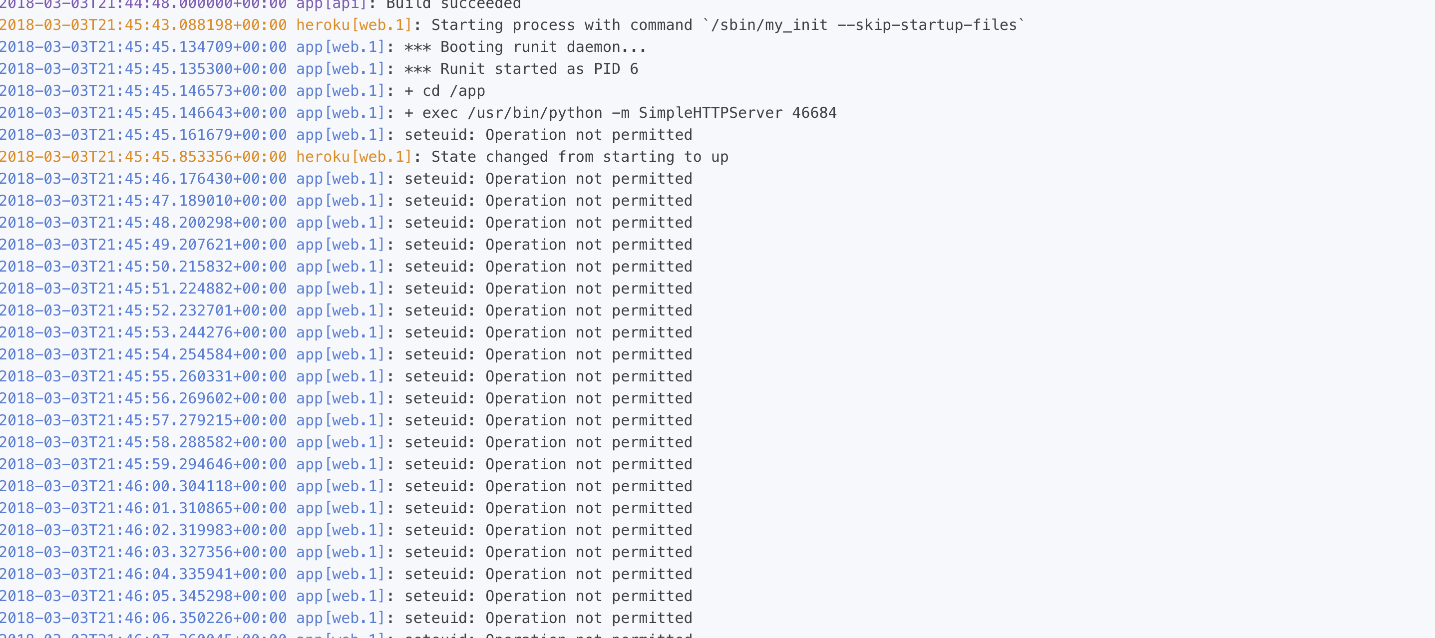 "seteuid: Operation not permitted" log spam on Heroku docker · Issue #475 · phusion/baseimage ...