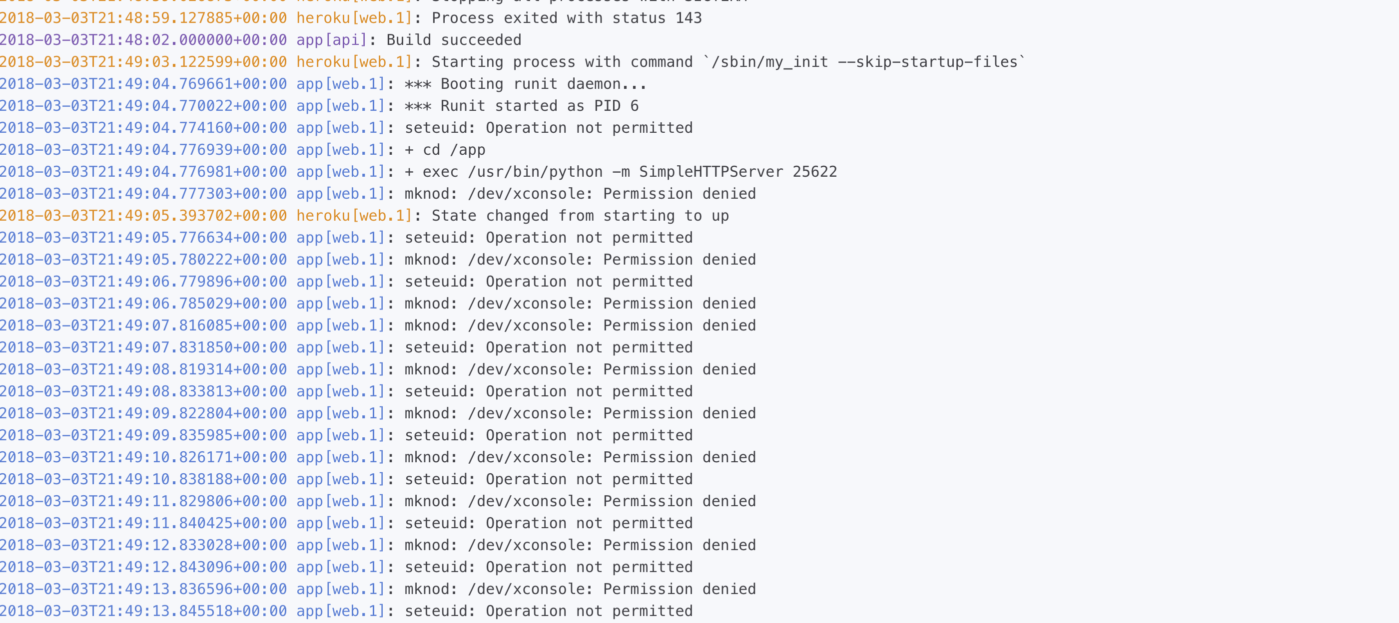 "seteuid: Operation not permitted" log spam on Heroku docker · Issue #475 · phusion/baseimage ...