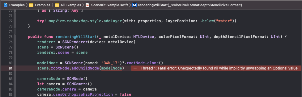 Examples: SceneKit examples crashes /bc of nil · Issue #596 · mapbox/mapbox-maps-ios · GitHub