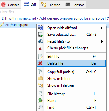 Right Click->Delete file on file in commit diff view does not work ...