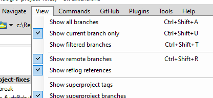 "View->show reflog" shows remote commits even if "View->Show only current branch" is selected ...