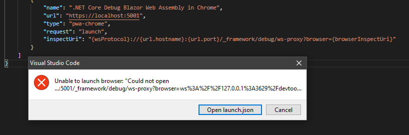 Not able to debug blazorwasm project in VSCode · Issue #28755 · dotnet/aspnetcore · GitHub