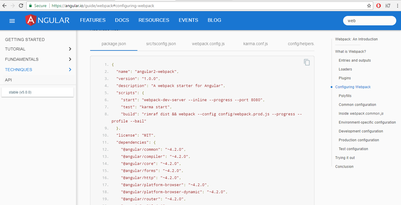 docs(aio) Configuring Webpack section has older angular version in package.json · Issue #20198 ...