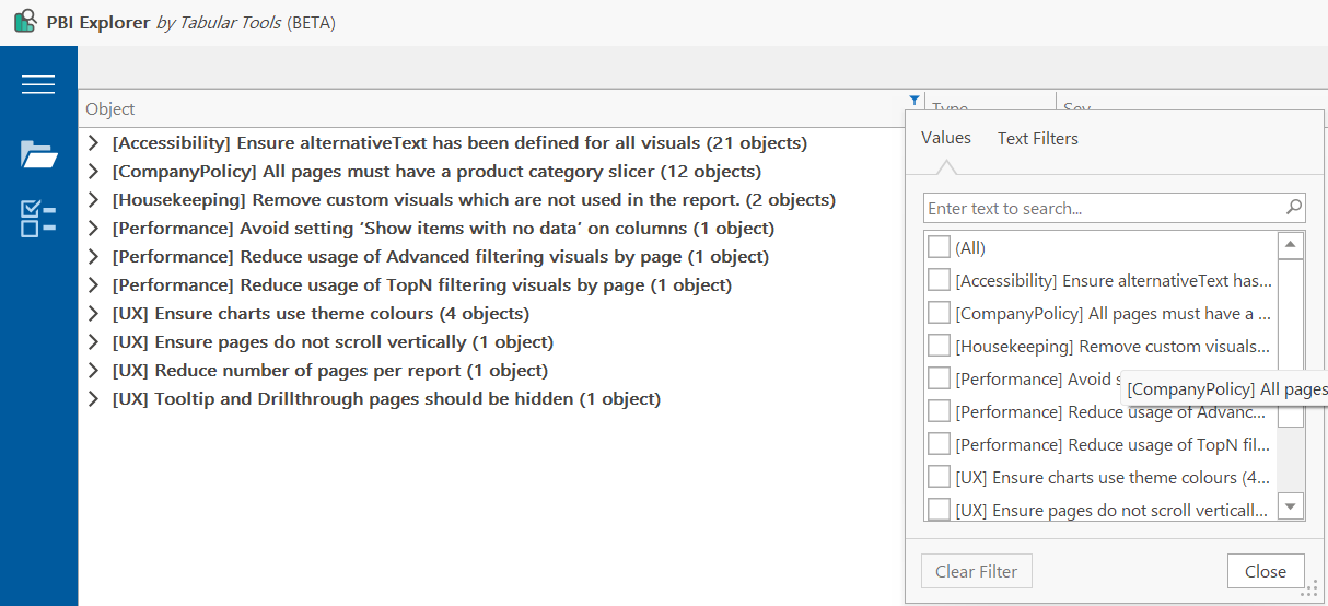 Rectangular blue dots on the scroll bar of the "Object" column's filter ...