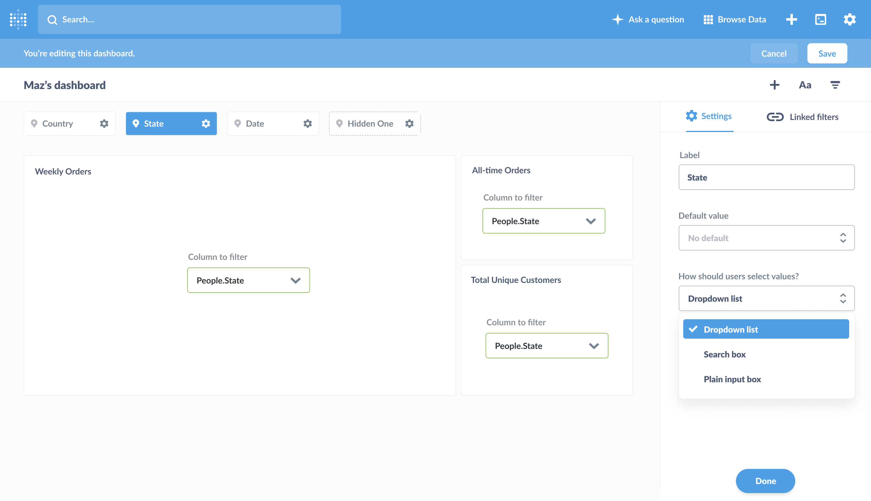 Add Ability To Set A Dashboard Widget S Input To Dropdown Search Box