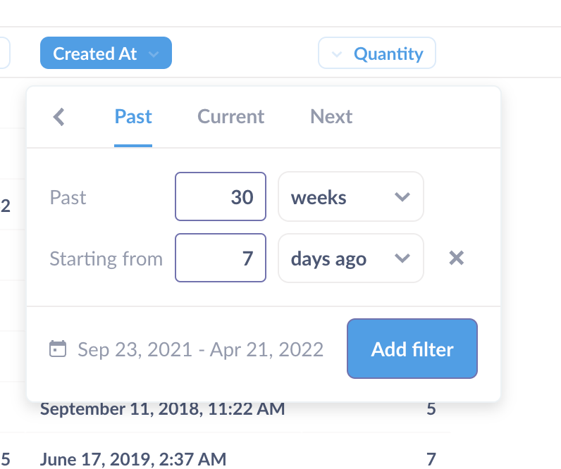 In the relative date picker, changing the granularity of the Past/Next range picker should ...
