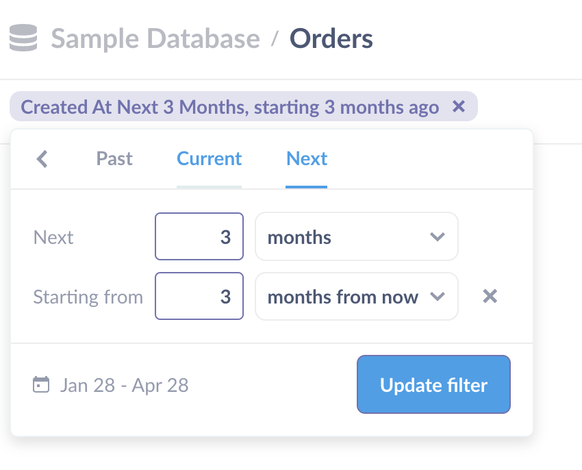 "Next" relative filter tokens should read "from now" instead of "ago" · Issue #22228 · metabase ...