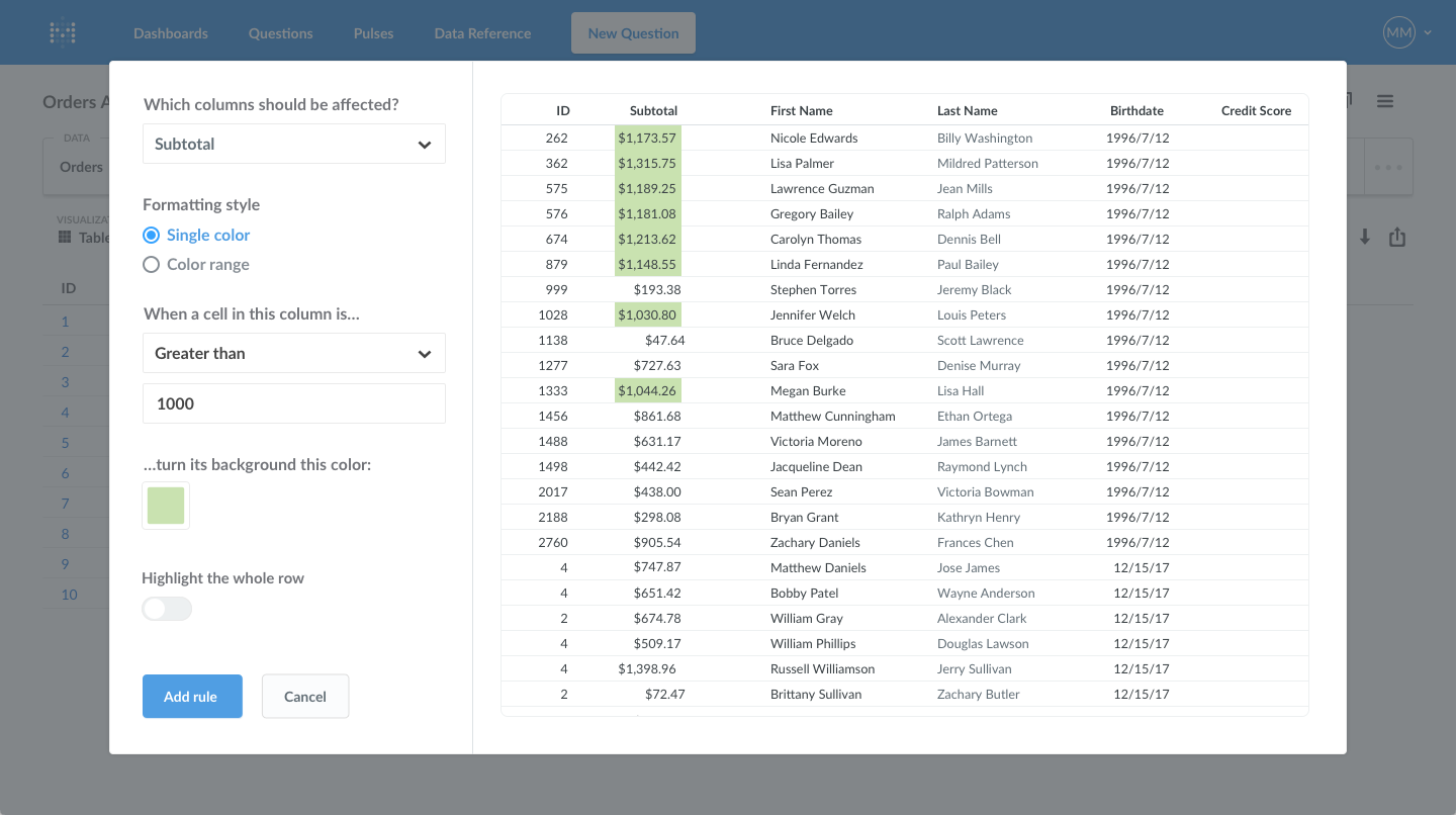 Designs for conditional table and column formatting · Issue #7122 · metabase/metabase · GitHub