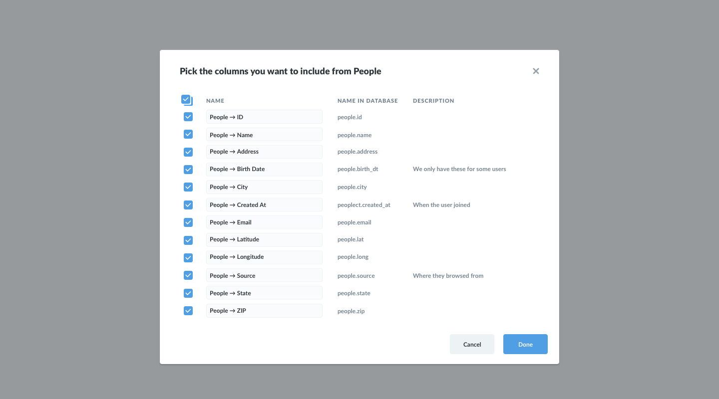 Improve UX of selecting included columns in joins/data steps · Issue #10460 · metabase/metabase ...
