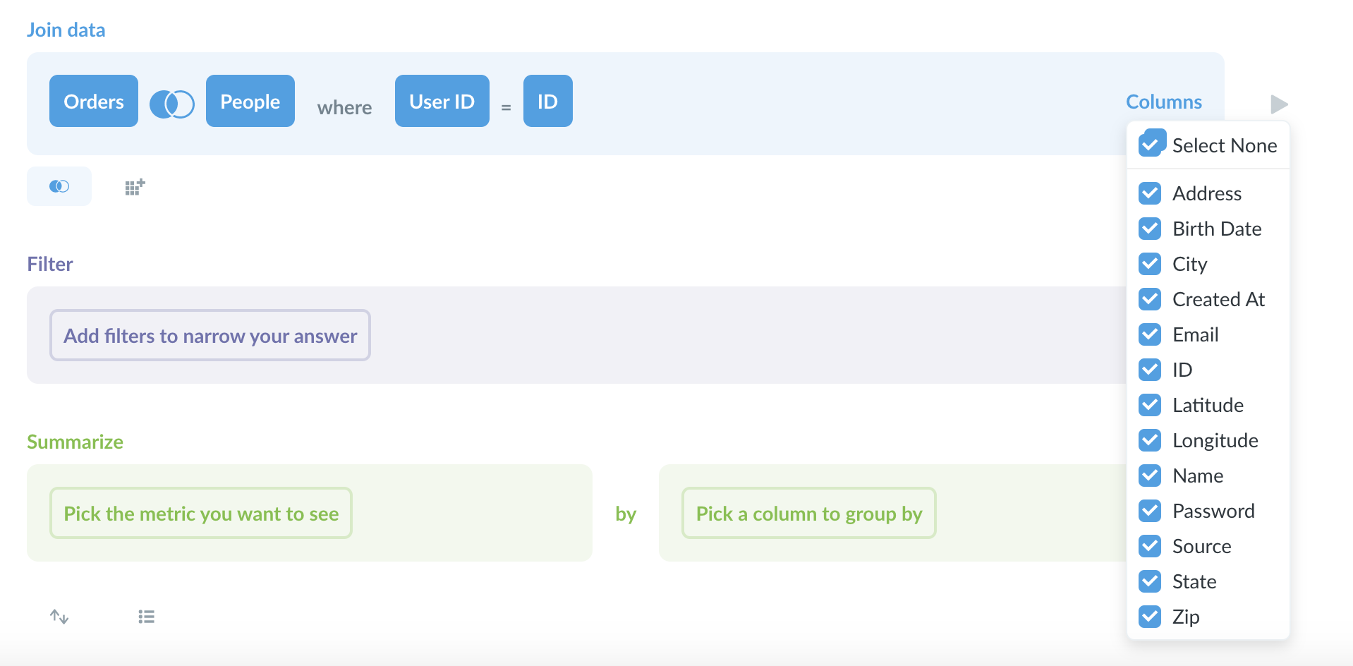 Improve UX of selecting included columns in joins/data steps · Issue #10460 · metabase/metabase ...