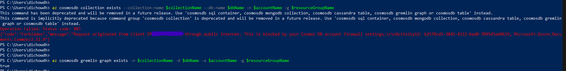 az cosmosdb : Collection exists and Gremlin graph exists command show ...