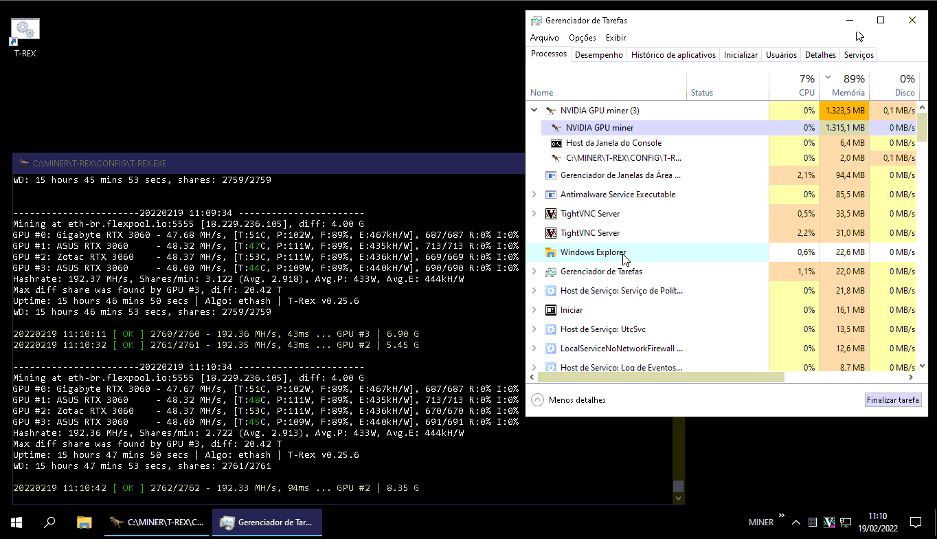 T-REX EATING ALL AVAILABLE MEMORY UNTIL RESTART | 4x RTX 3060 192.63 MH/s | WINDOWS 10 PRO ...