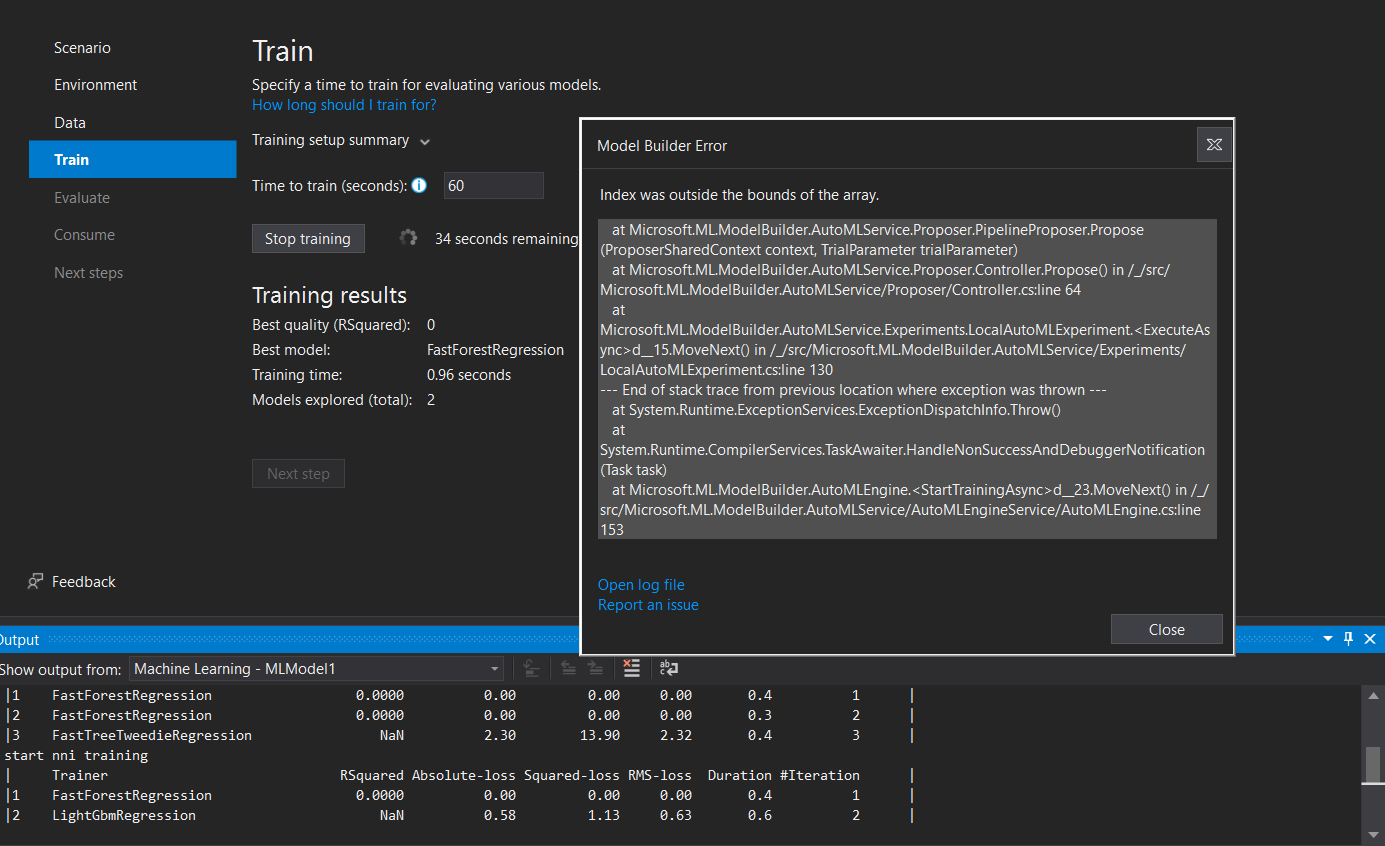 Model Builder Error · Issue 1512 · Dotnetmachinelearning Modelbuilder · Github