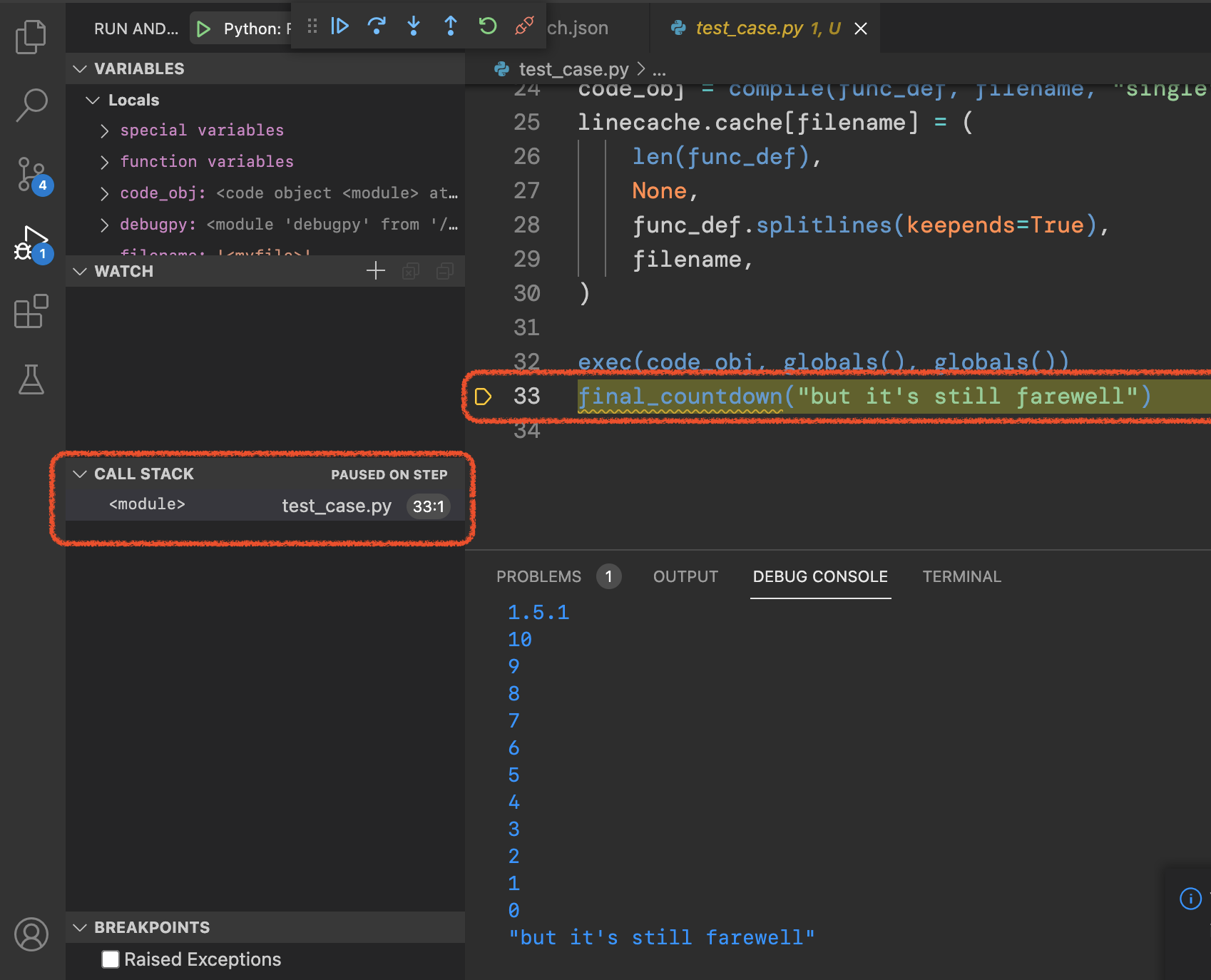 Compiled code without file, but with source in `linecache` confuses VSCode debugger unless ...