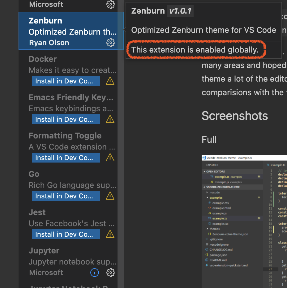 It is *super* unclear why some extensions automatically install themselves in the container ...