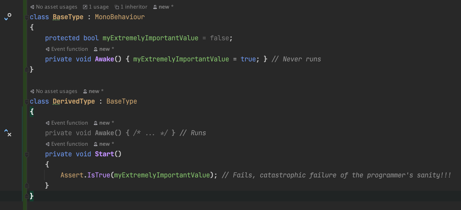 Add Inspection Warning Unity Event Function Cannot Be Used Both In Base Type And Derived Type