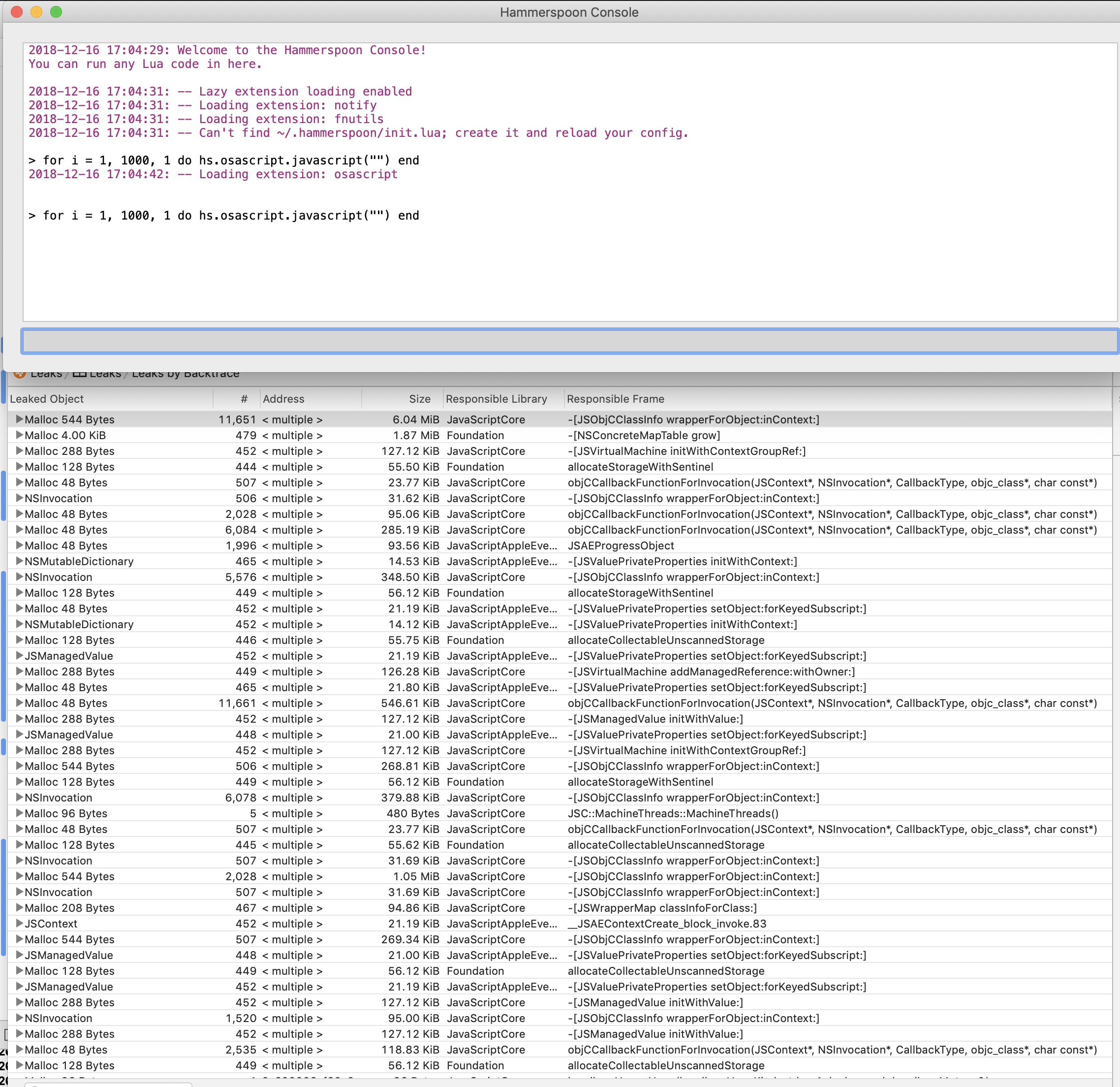 Memory leak in hs.osascript · Issue #1980 · Hammerspoon/hammerspoon ...