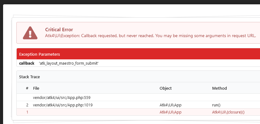 "Callback requested, but never reached" error in some demos · Issue #1819 · atk4/ui · GitHub