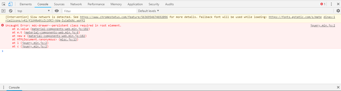Uncaught Error: mdc-drawer--persistent class required in root element ... Uncaught Error: mdc-drawer--persistent class required in root element ...