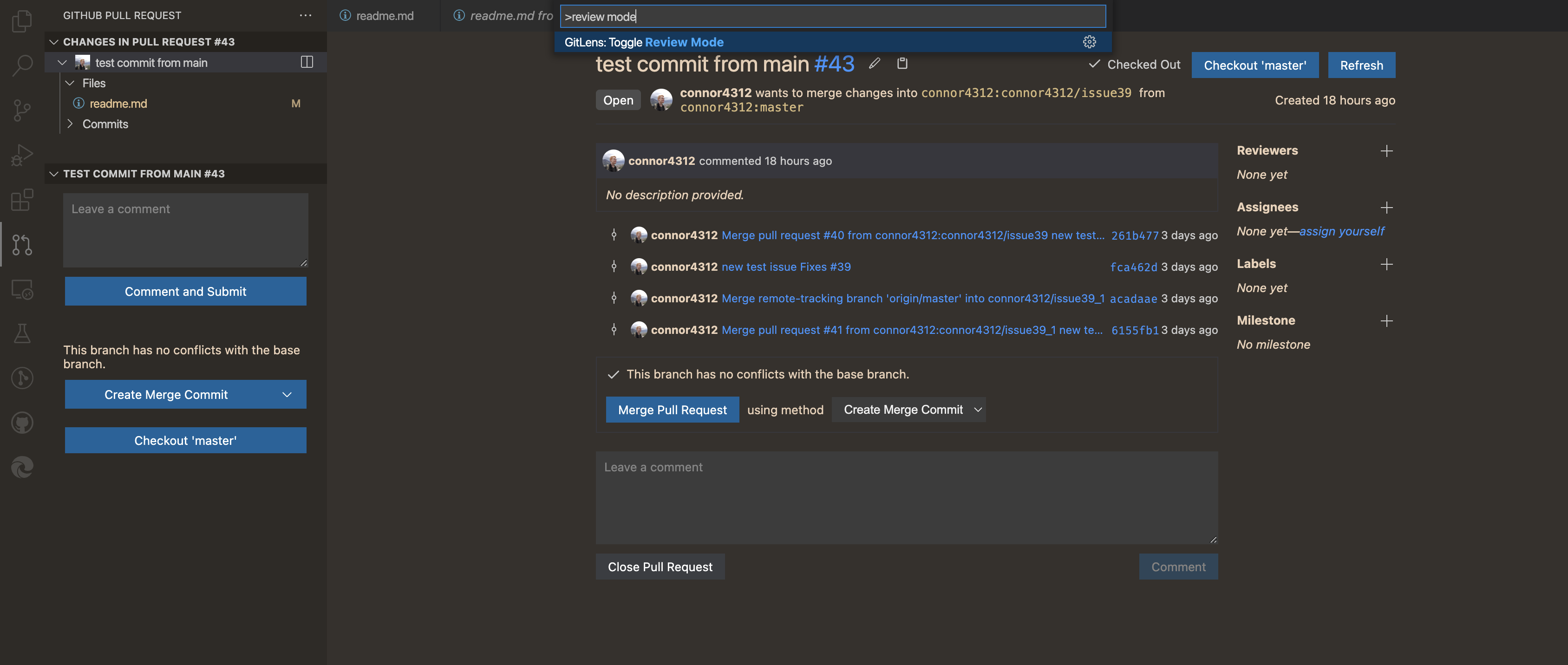Cannot exit review mode when default branch has same name as head ...