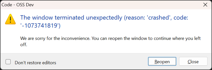 OSS crashes on load under debugger · Issue #189970 · microsoft/vscode · GitHub