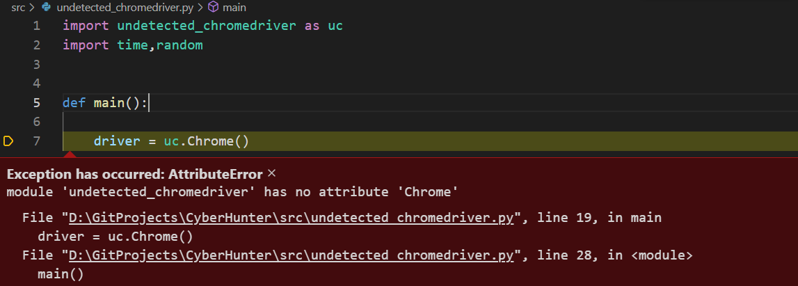 Exception has occurred: AttributeError module 'undetected_chromedriver' has no attribute 'Chrome ...