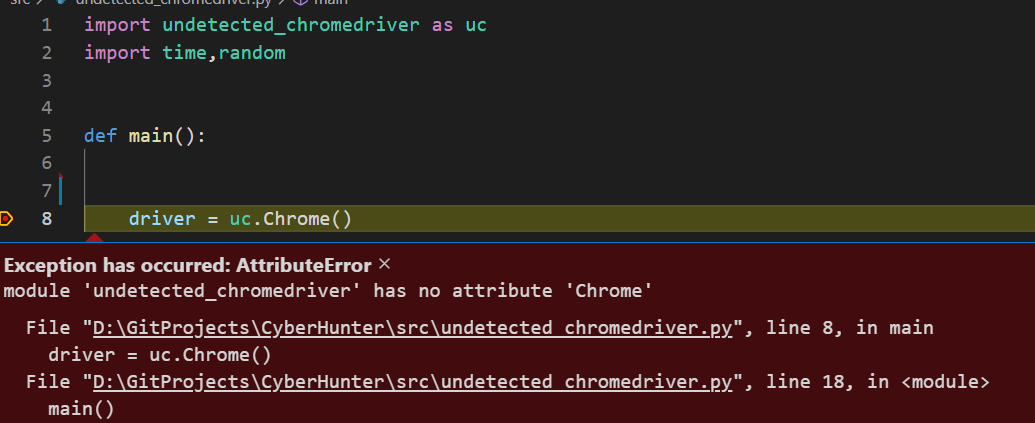 Please help, error: AttributeError module 'undetected_chromedriver' has no attribute 'Chrome ...