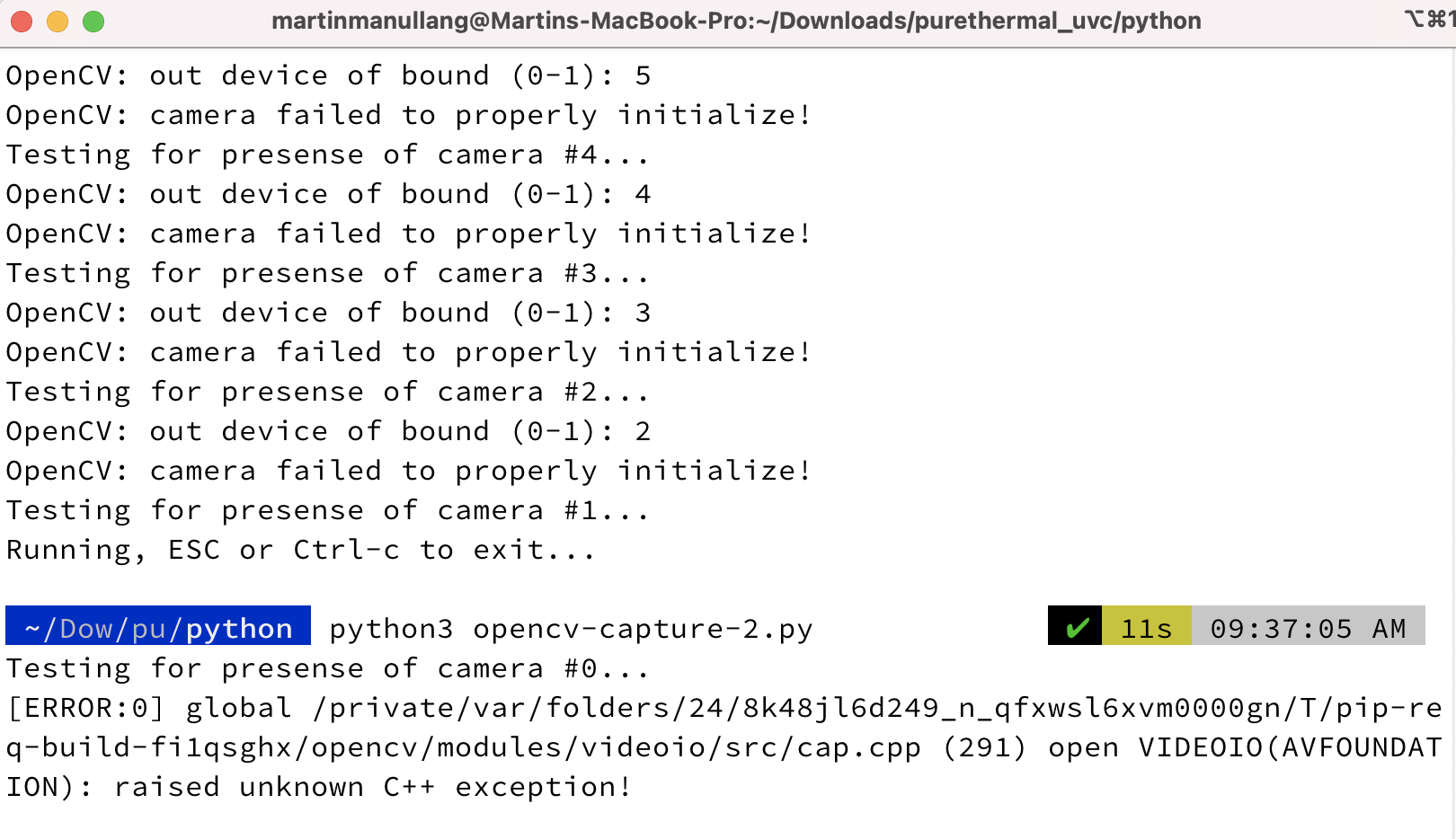 open VIDEOIO(AVFOUNDATION): raised unknown C++ exception! · Issue #50 · groupgets/purethermal1 ...