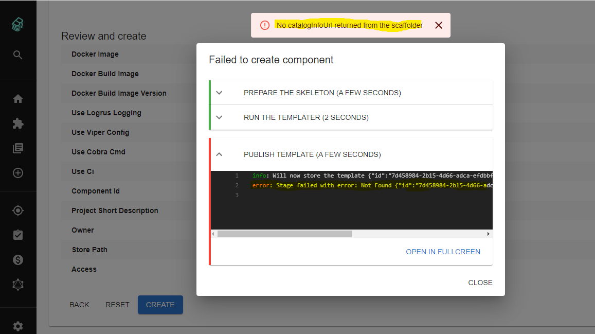 Cannot register new components - No catalogInfoUrl returned from the scaffolder - Stage failed ...