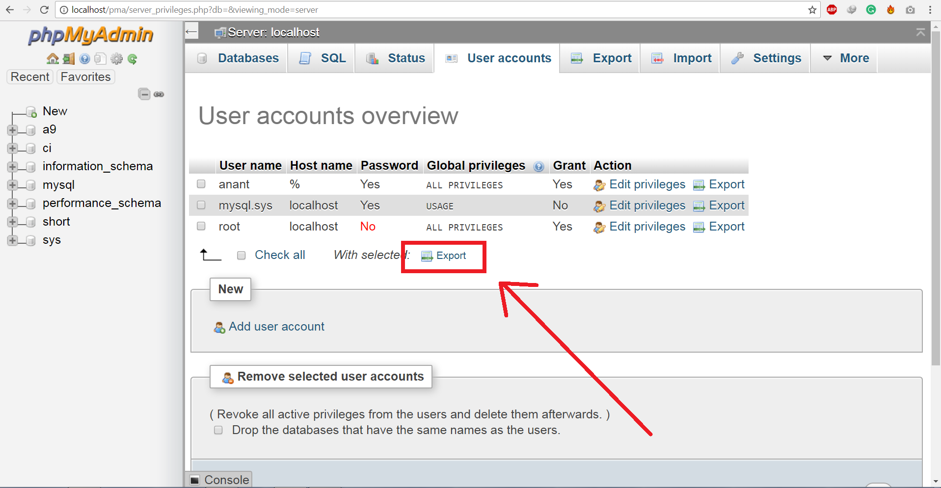 "No user selected" warning should come, selecting "Export" button without selecting any checkbox ...