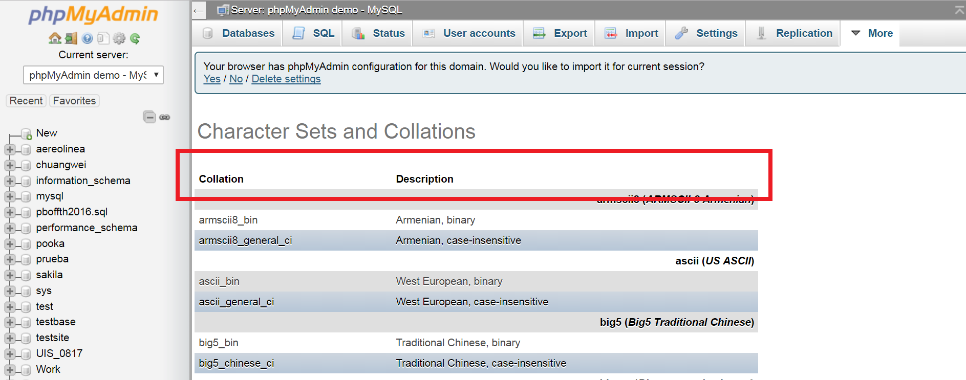 Table heading of "Charsets" page is not looking right. · Issue #13554 · phpmyadmin/phpmyadmin ...