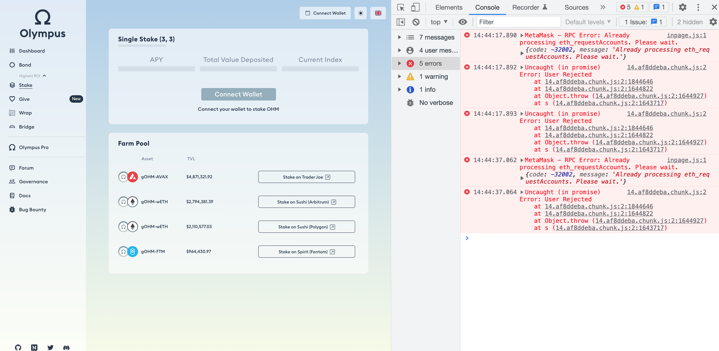 [BUG] Staking page uncaught error when connecting to metamask · Issue #1411 · OlympusDAO/olympus ...
