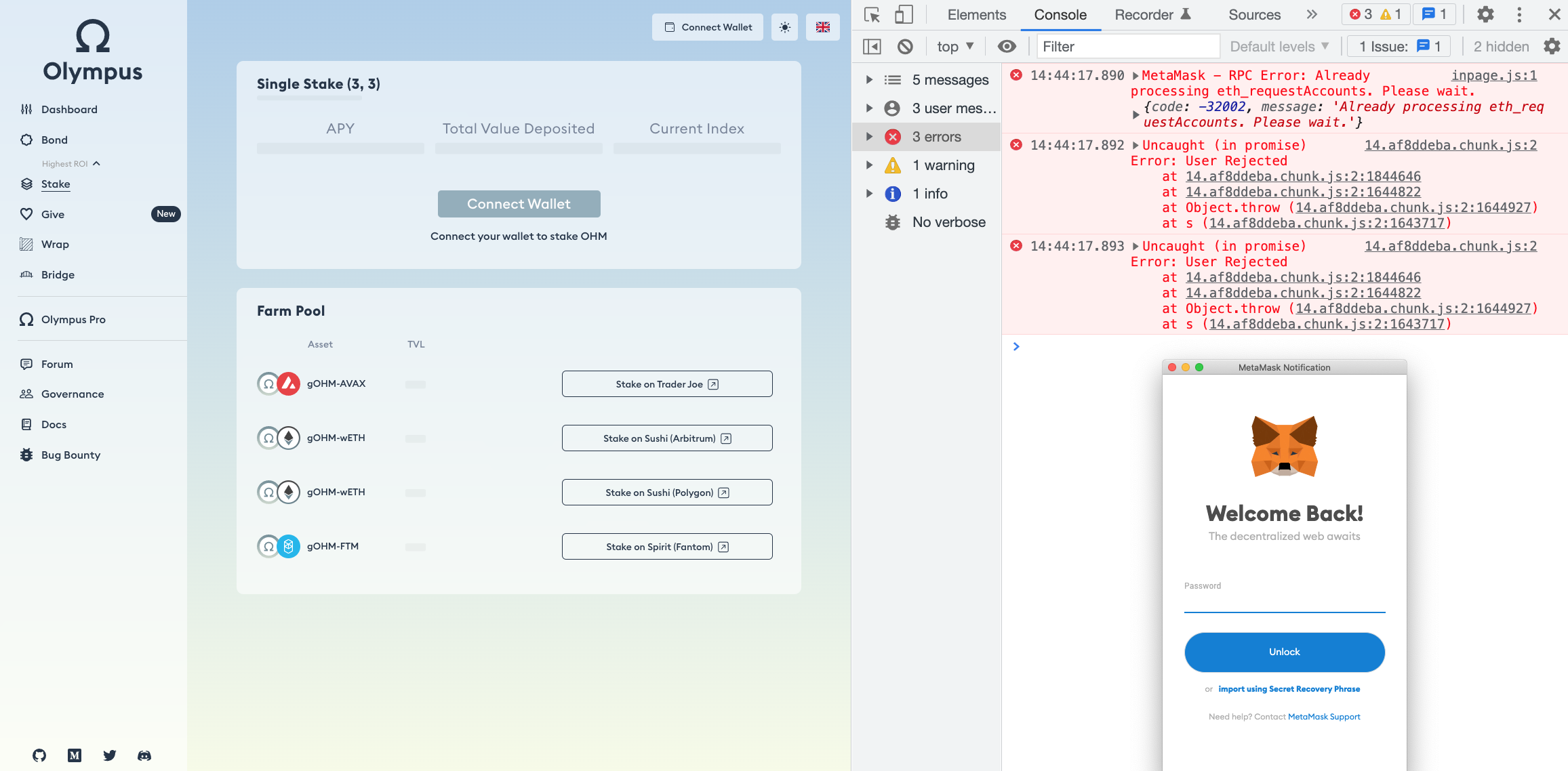 [BUG] Staking page uncaught error when connecting to metamask · Issue #1411 · OlympusDAO/olympus ...