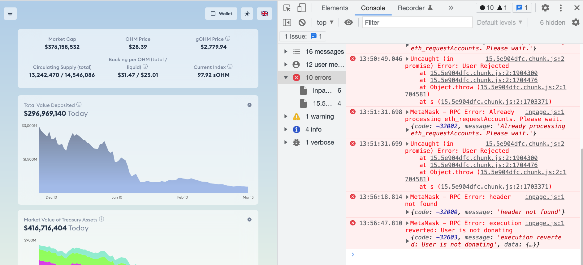 [BUG] Staking page uncaught error when connecting to metamask · Issue #1411 · OlympusDAO/olympus ...