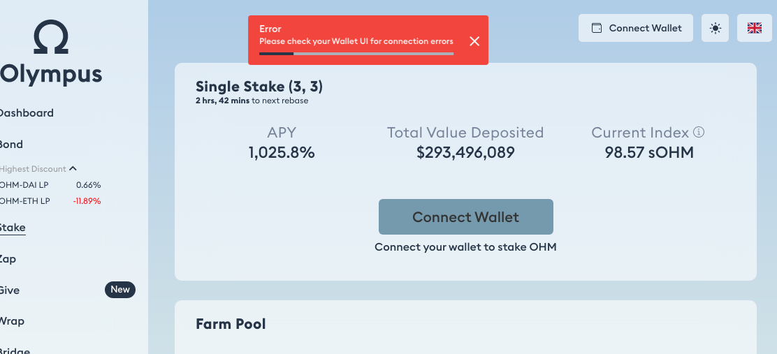 [BUG] Staking page uncaught error when connecting to metamask · Issue #1411 · OlympusDAO/olympus ...