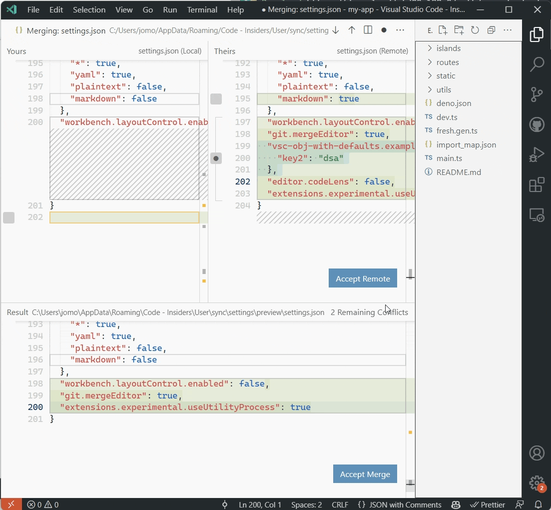 Merge Editor: Double `Accept Merge` button in settings sync conflict resolution · Issue #153986 ...