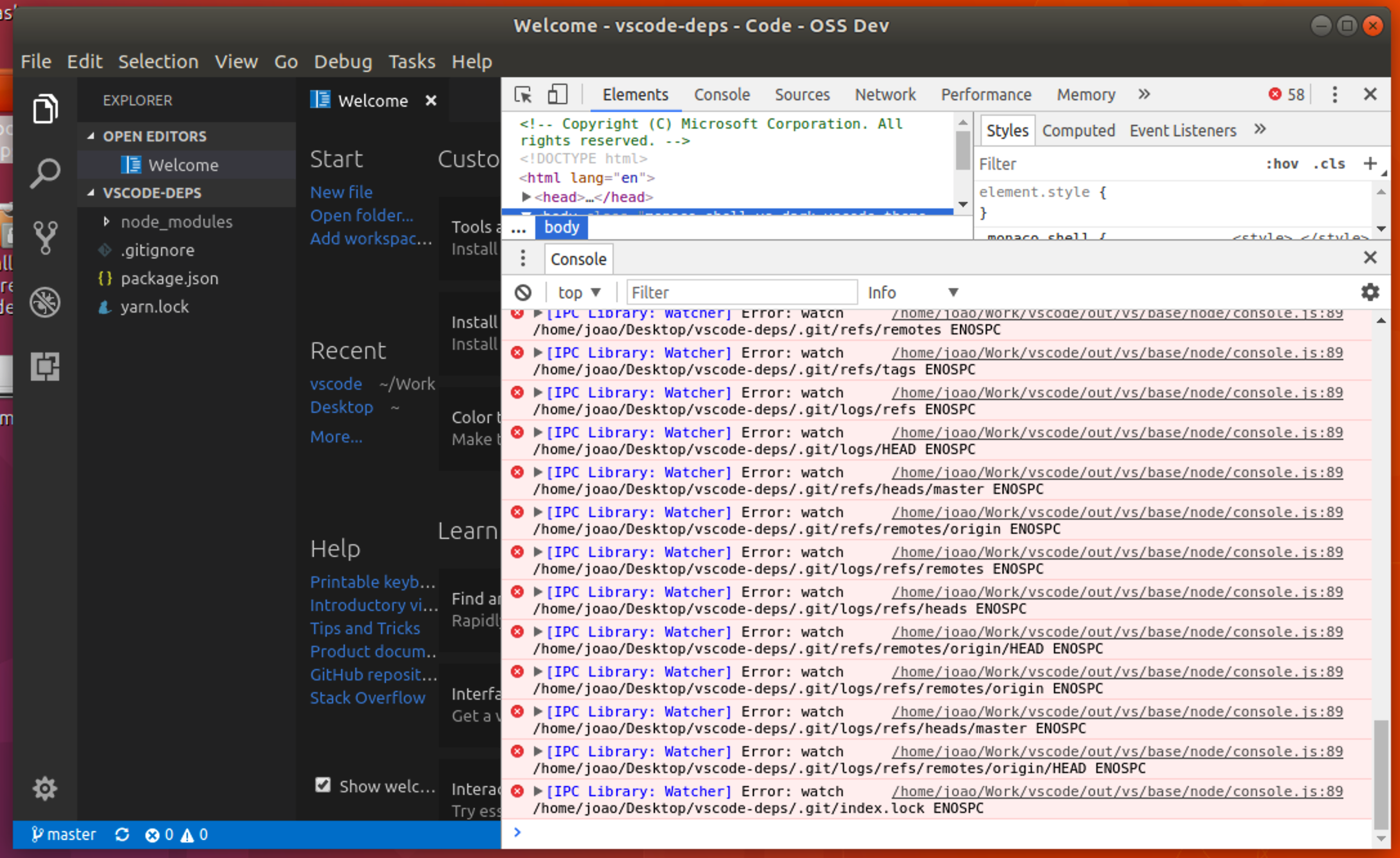 Watcher: Lots of errors in Linux · Issue #43227 · microsoft/vscode · GitHub