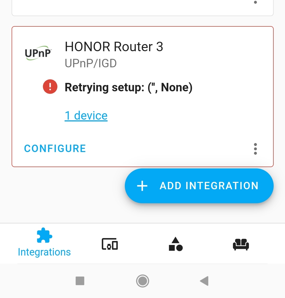 UPnP/IGD integration with HONOR 3 Router reports following error: 'Retrying setup: ('', None ...
